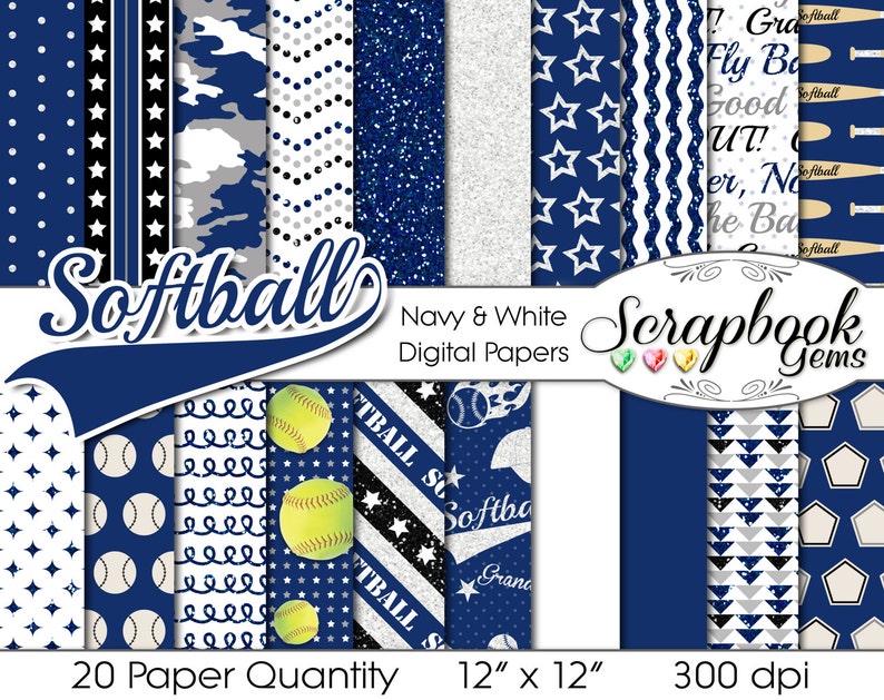 SOFTBALL Digital Papers Navy Blue & White 20 Pieces 12 - Etsy