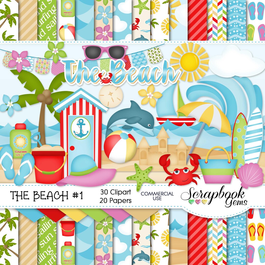 THE BEACH (kit #1) Clipart & Papers, 30 Png Clipart Files, 20 Jpeg ...