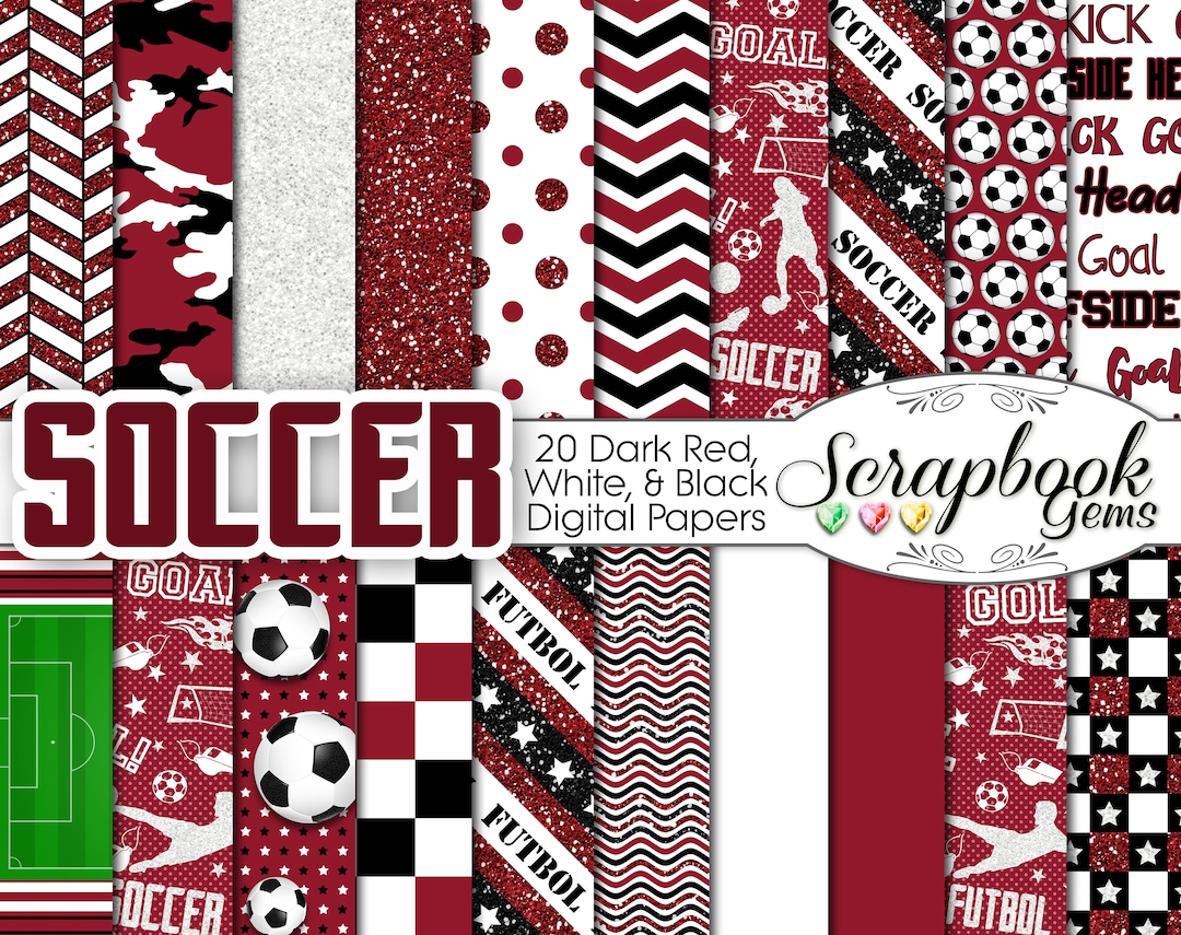SOCCER Futbol Digital Papers Red, White, & Black 20 Pieces, 12" X 12 ...
