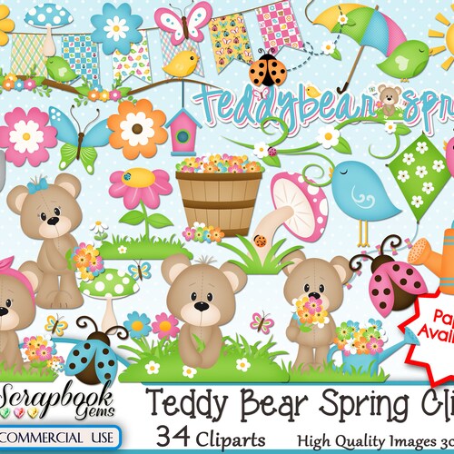 TEDDY BEAR SPRING Clipart 34 Png Clipart Files Instant | Etsy