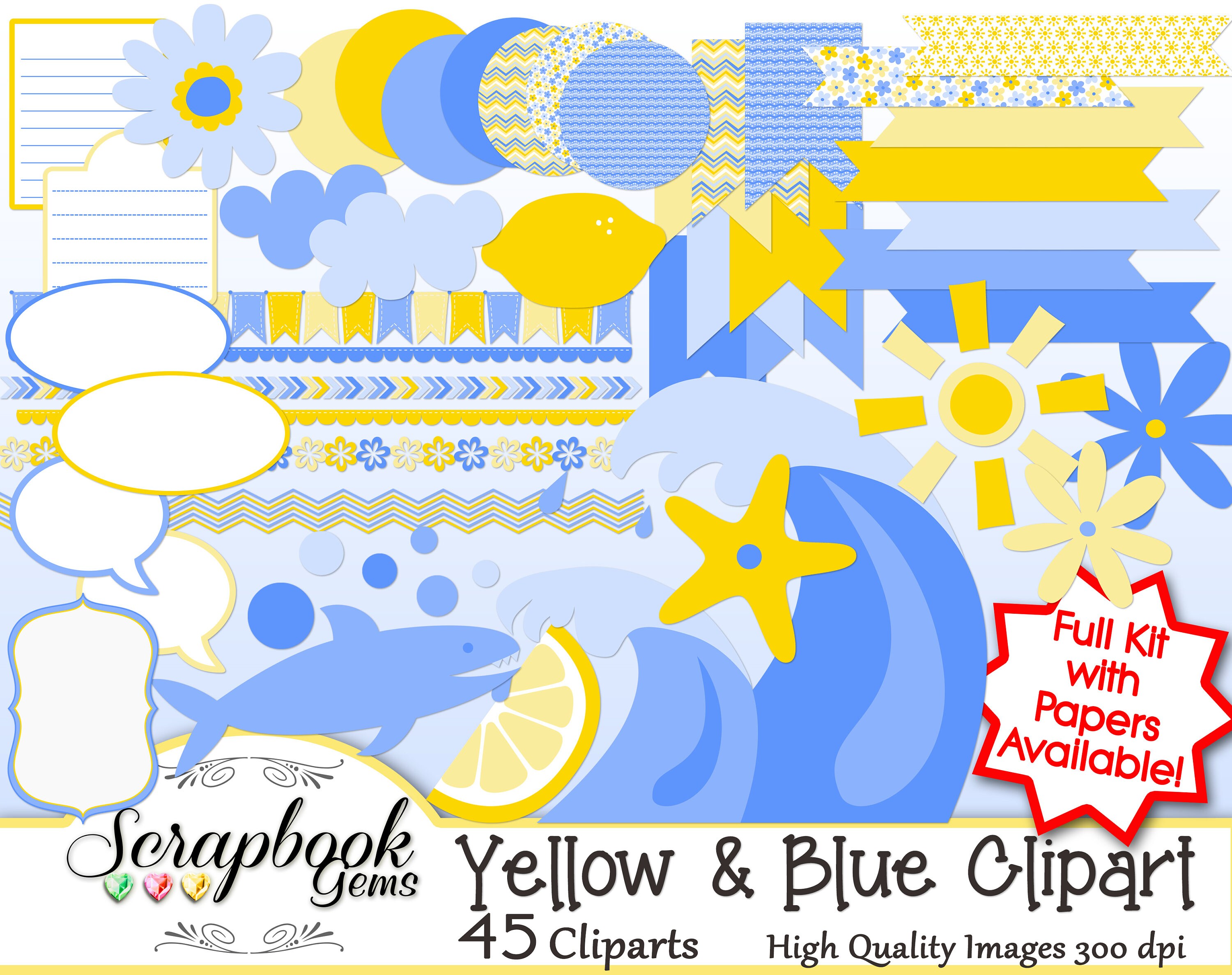 Yellow & Blue Clipart and Papers Kit 45 png Clip arts 18 | Etsy
