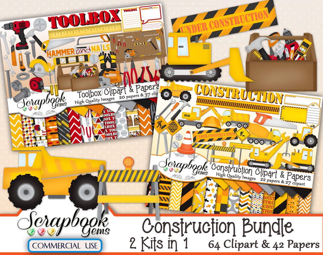 CONSTRUCTION BUNDLE - 2 Kits in 1, 64 Cliparts & 42 Papers, Instant ...