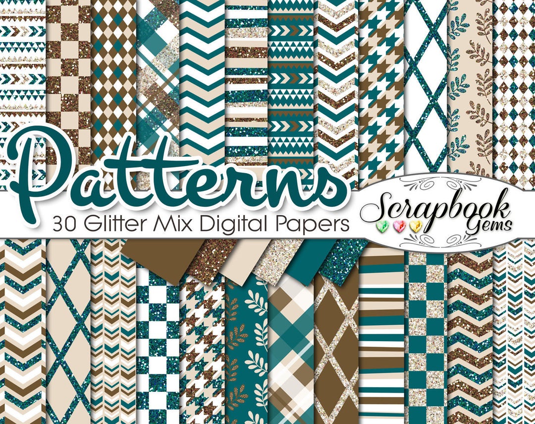 Teal, Tan, & Brown GLITTER MIX Digital Papers, 30 Pieces, 12" X 12 ...