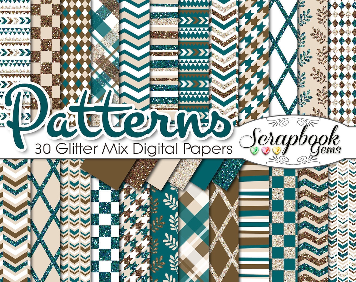 Teal, Tan, & Brown GLITTER MIX Digital Papers, 30 Pieces, 12" X 12 ...