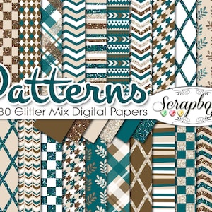 Teal, Tan, & Brown GLITTER MIX Digital Papers, 30 Pieces, 12" X 12 ...
