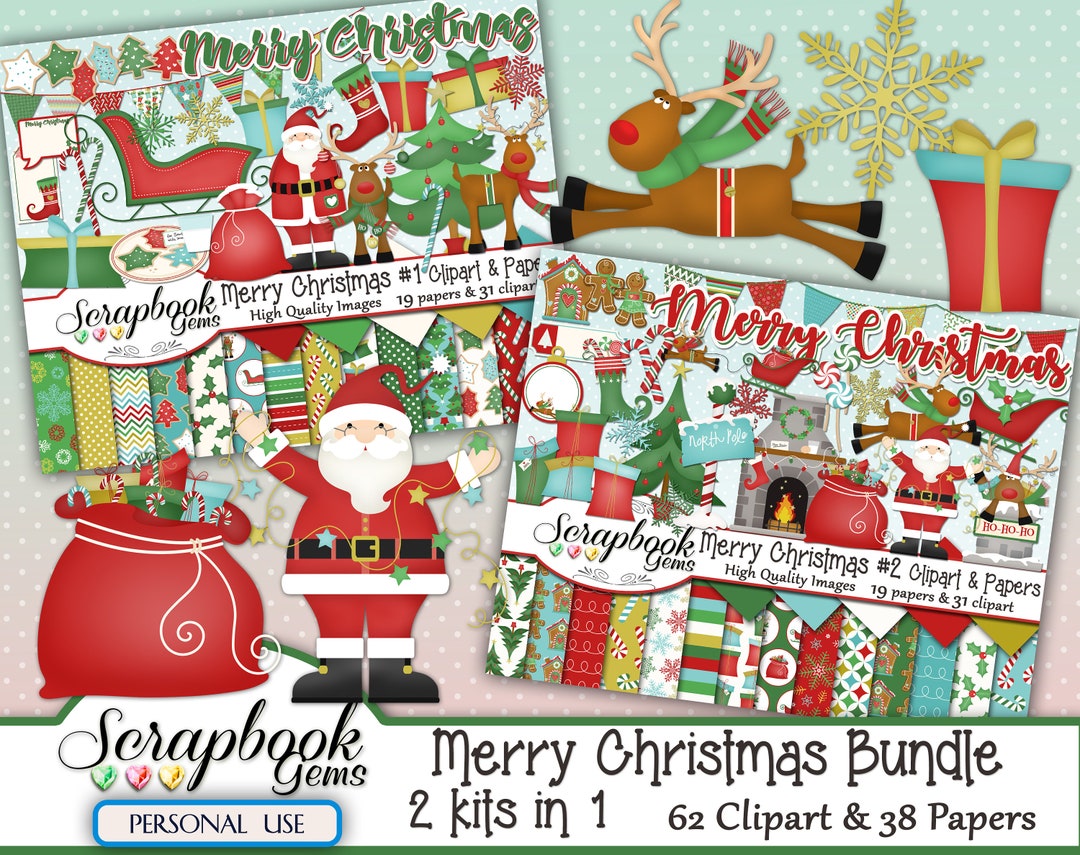MERRY CHRISTMAS BUNDLE - 2 Kits in 1, 62 Cliparts & 38 Papers, Instant ...