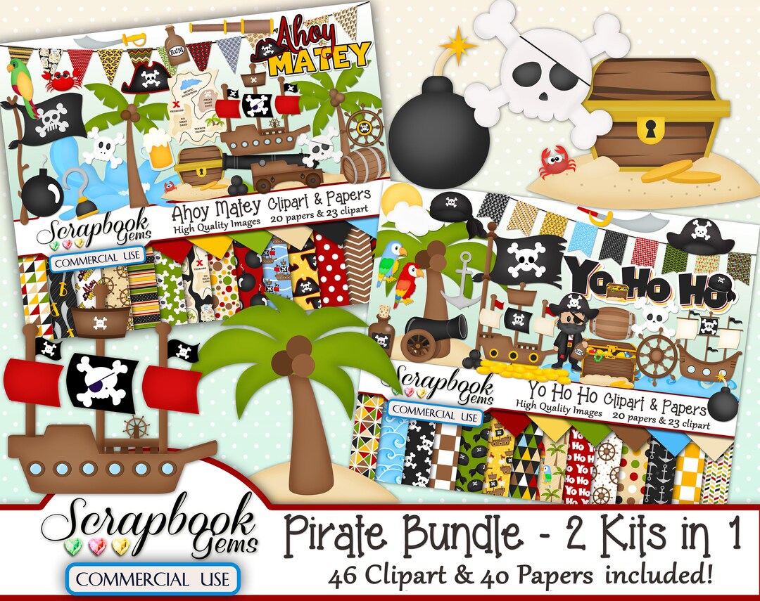 PIRATE BUNDLE - 2 Kits in 1, 46 Cliparts & 40 Papers, Instant Download ...