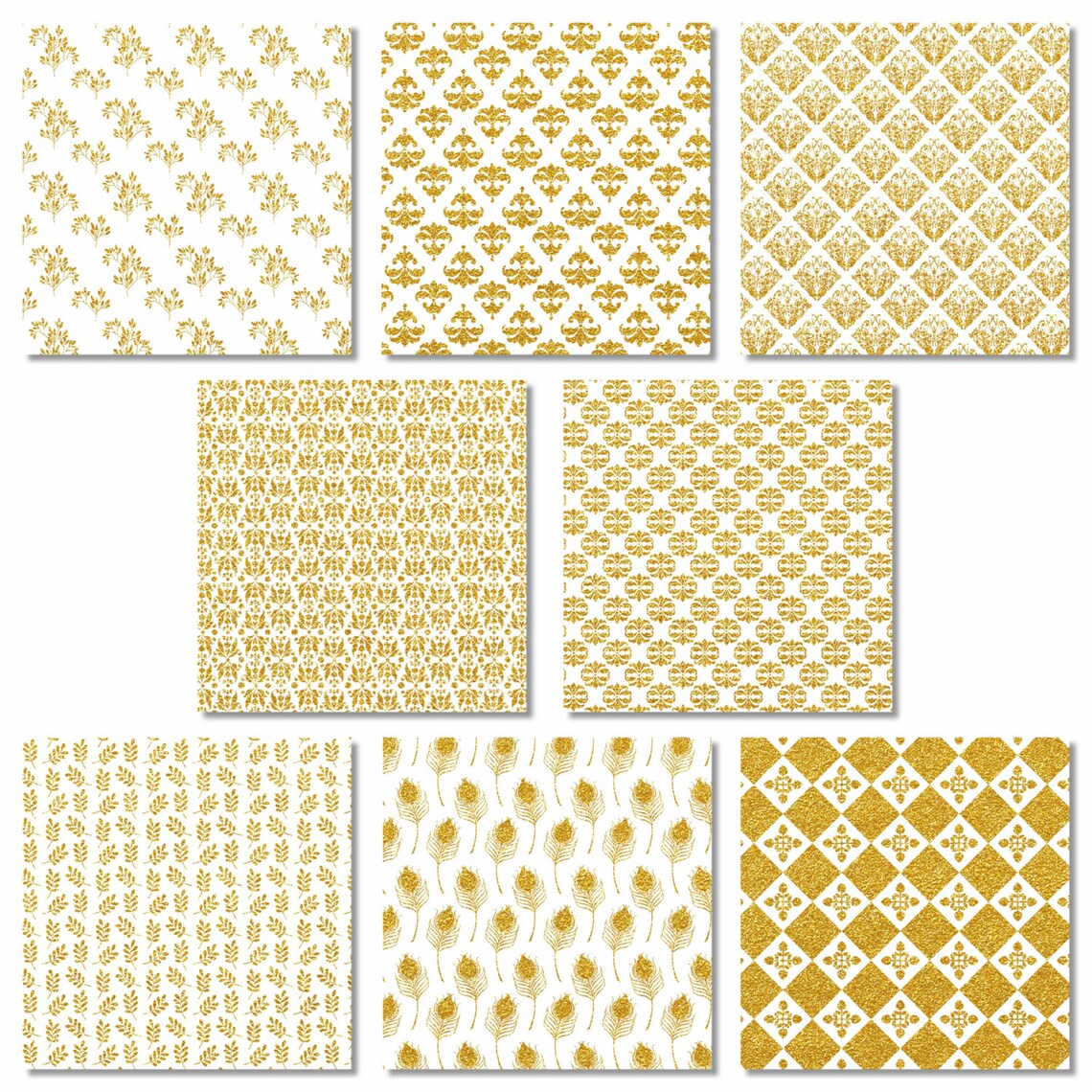 White & Gold Digital Papers SET 2, 16 Pieces, 12" X 12", High Quality ...