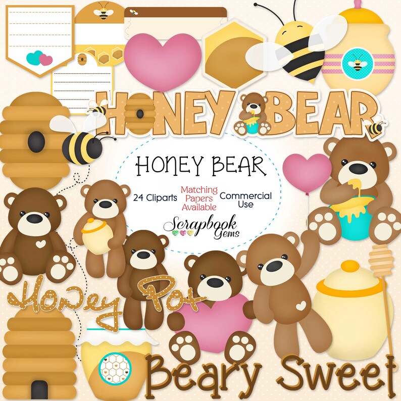 HONEY BEAR Clipart & Papers Kit, 24 Png Clip Arts, 21 Jpeg Papers ...