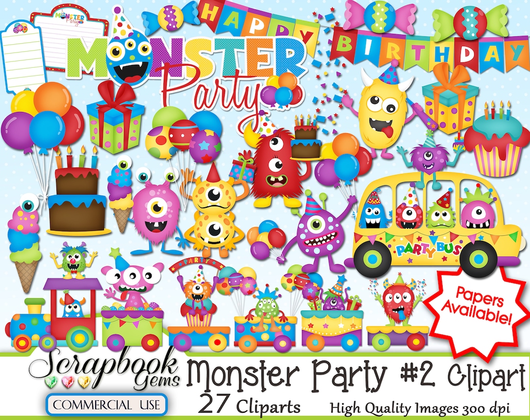 MONSTER PARTY Kit 2 Clipart, 27 Png Clipart Files, Instant Download ...