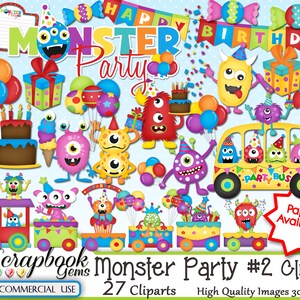 MONSTER PARTY Kit 2 Clipart 27 Png Clipart Files Instant - Etsy