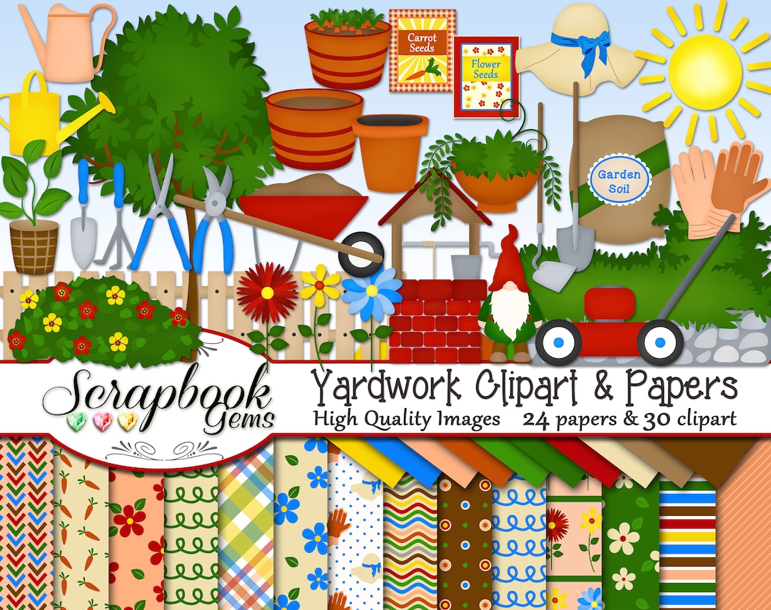 YARD WORK Clipart & Papers Kit, 30 Png Clip Arts, 24 Jpeg Papers ...