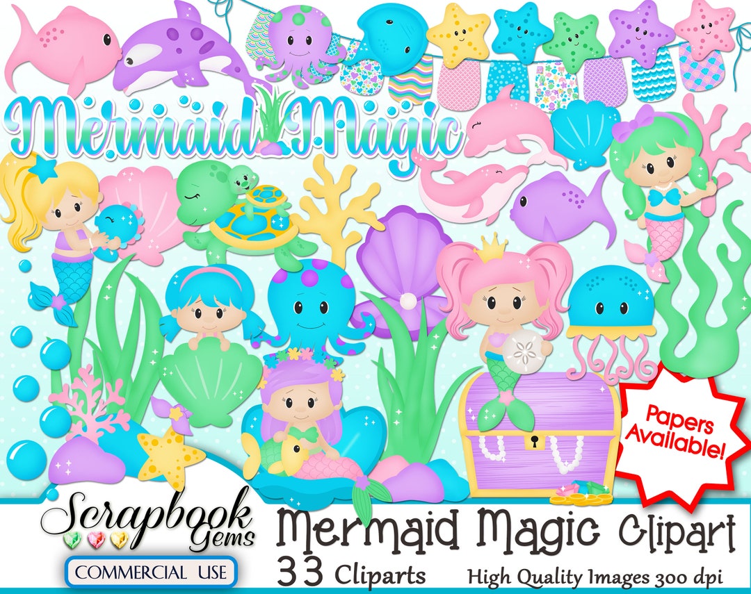 MERMAID MAGIC Clipart, 33 Png Clipart Files, Instant Download, Magical ...