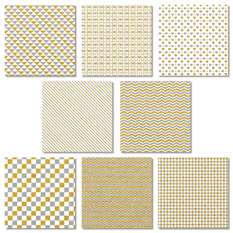 White, Silver, & Gold Digital Papers SET 1, 16 Pieces 12" X 12", High ...