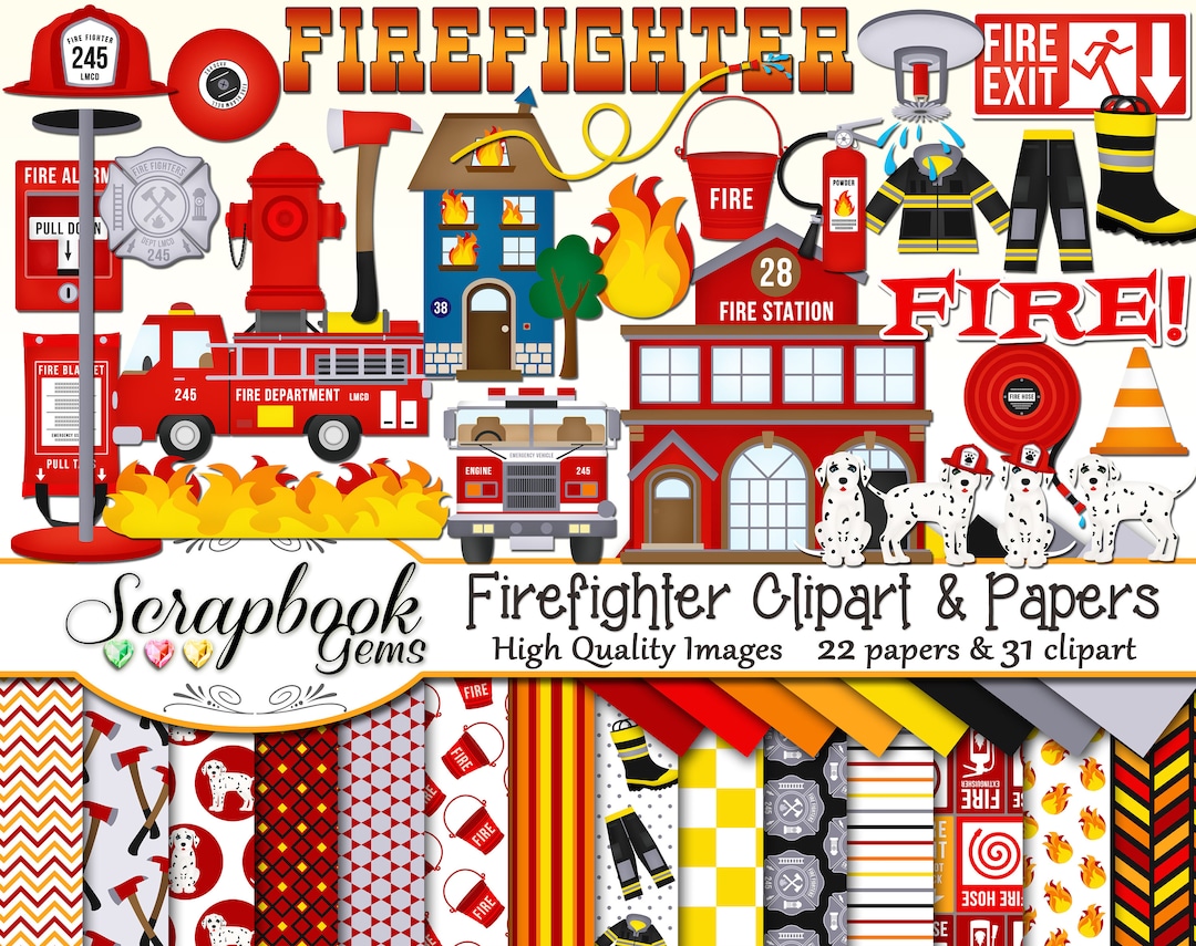 FIREFIGHTER Clipart & Papers Kit, 30 png Clip arts, 22 jpeg Papers ...