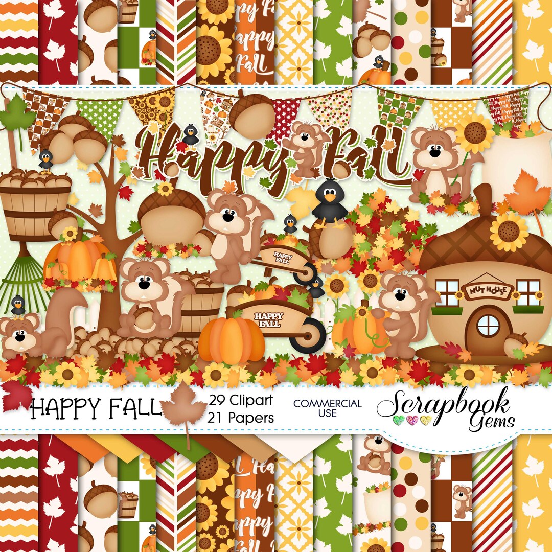 HAPPY FALL Clipart & Papers Kit, 29 Png Clipart Files, 21 Jpeg Paper ...