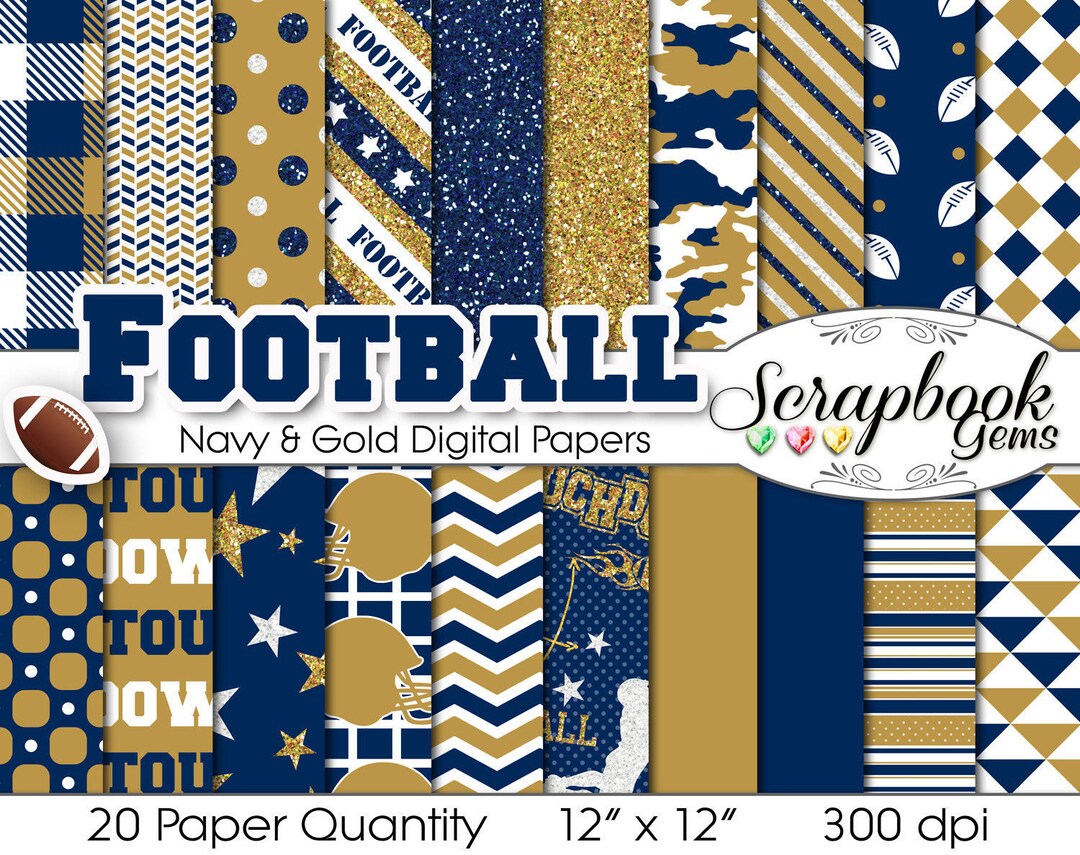 Football Digital Papers Navy Blue & Gold, 20 Pieces, 12" X 12", High ...