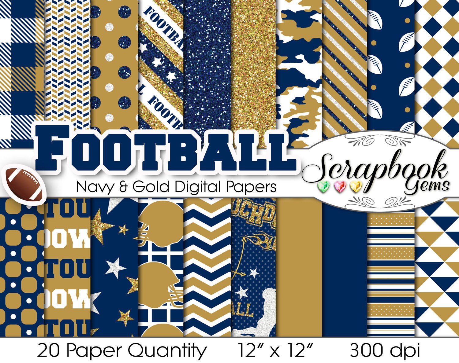 Football Digital Papers Navy Blue & Gold 20 Pieces 12 - Etsy