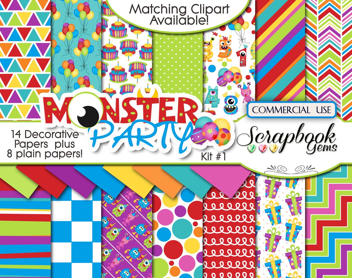 MONSTER PARTY Kit 1 Clipart and Papers Kit 28 Png Clip Arts - Etsy