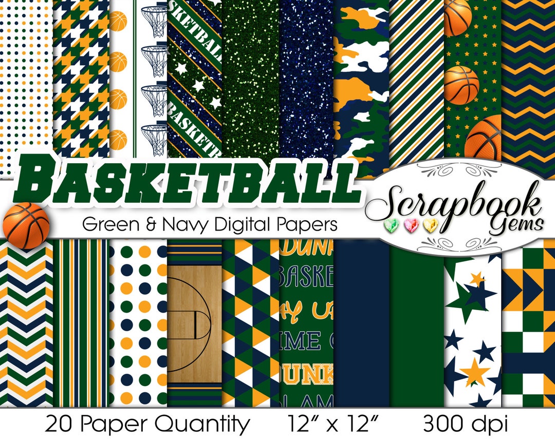Basketball Digital Papers Navy, Green, & Yellow, 20 Pieces, 12" X 12 ...