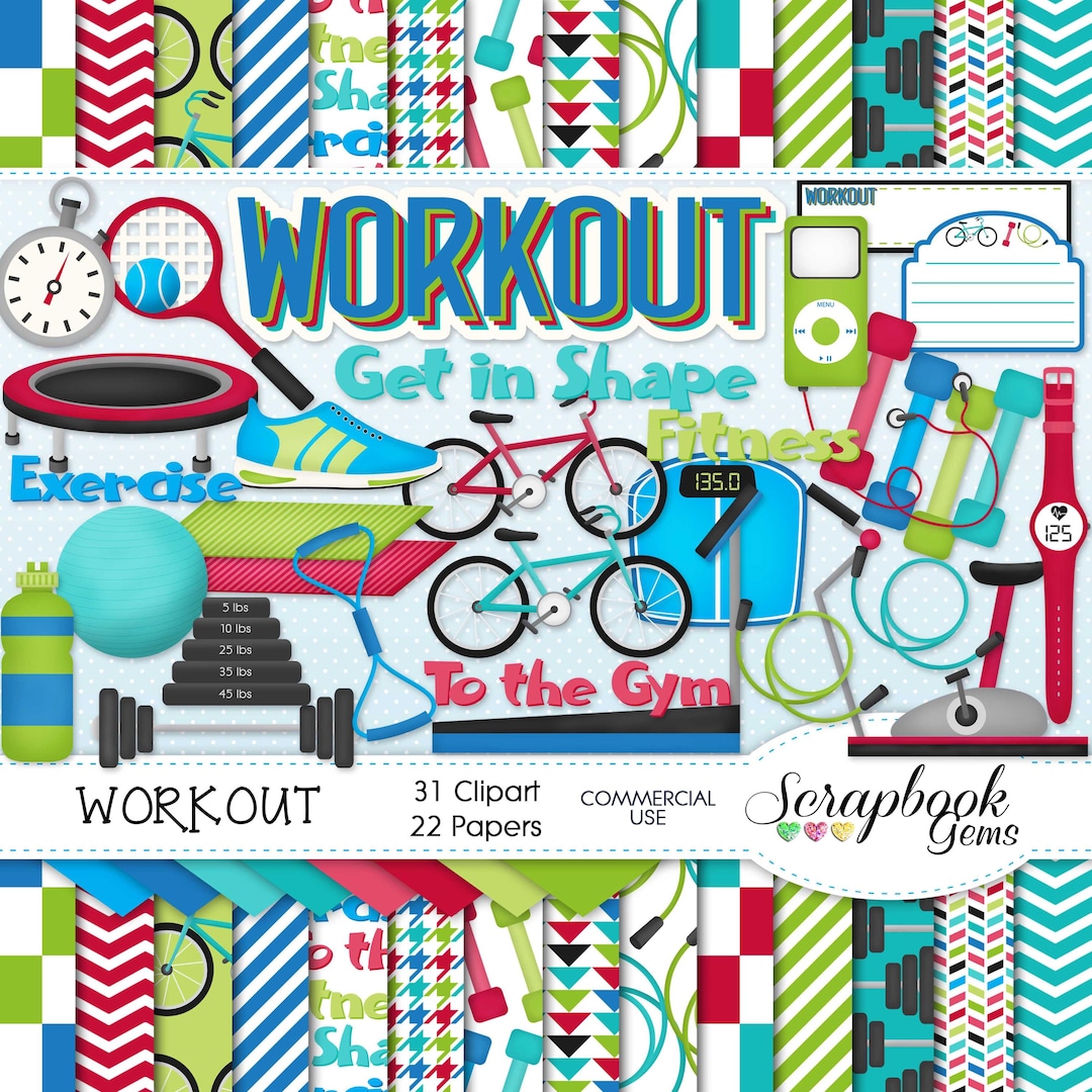 WORKOUT Clipart and Papers Kit, 31 Png Clip Arts, 22 Jpeg Papers ...
