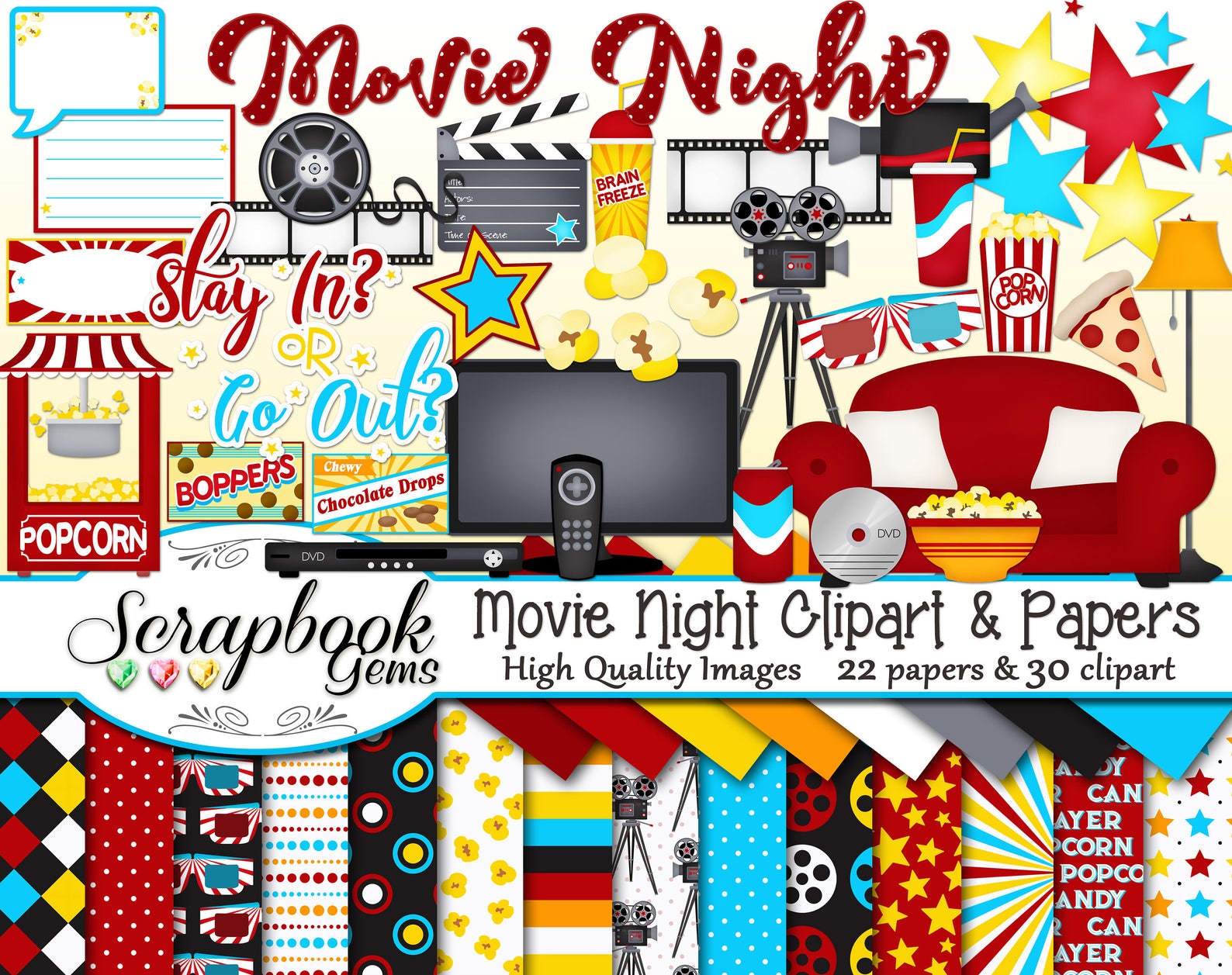 MOVIE NIGHT Clipart and Papers Kit, 30 Png Clip Arts, 22 Jpeg Papers ...