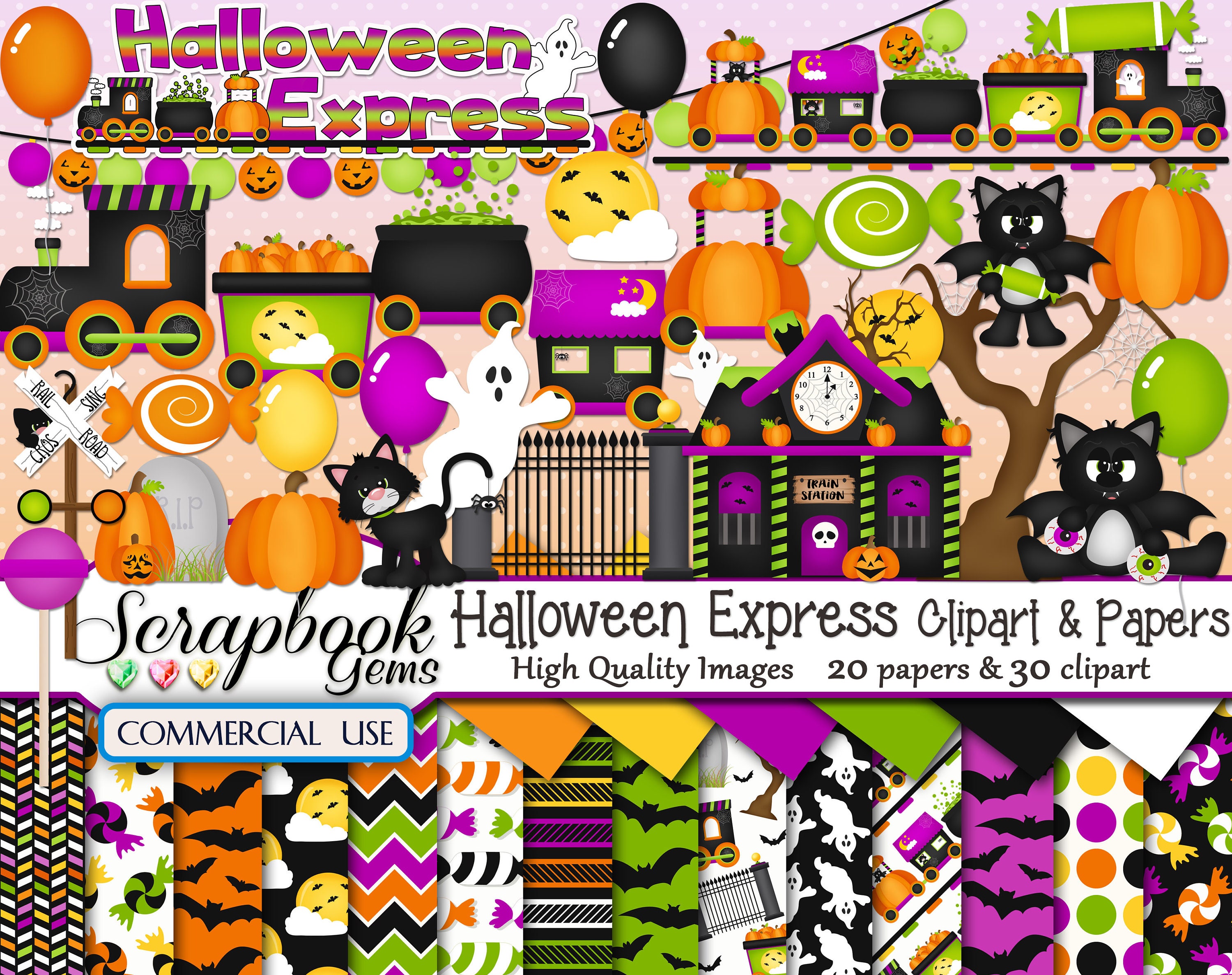 HAPPY HALLOWEEN BUNDLE - 3 Kits in 1, 87 Cliparts & 60 Papers, Instant ...