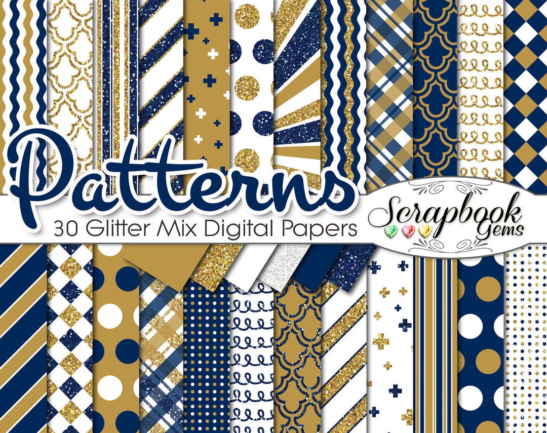 Navy Blue & Gold GLITTER MIX Digital Papers, 30 Pieces, 12" X 12" High ...