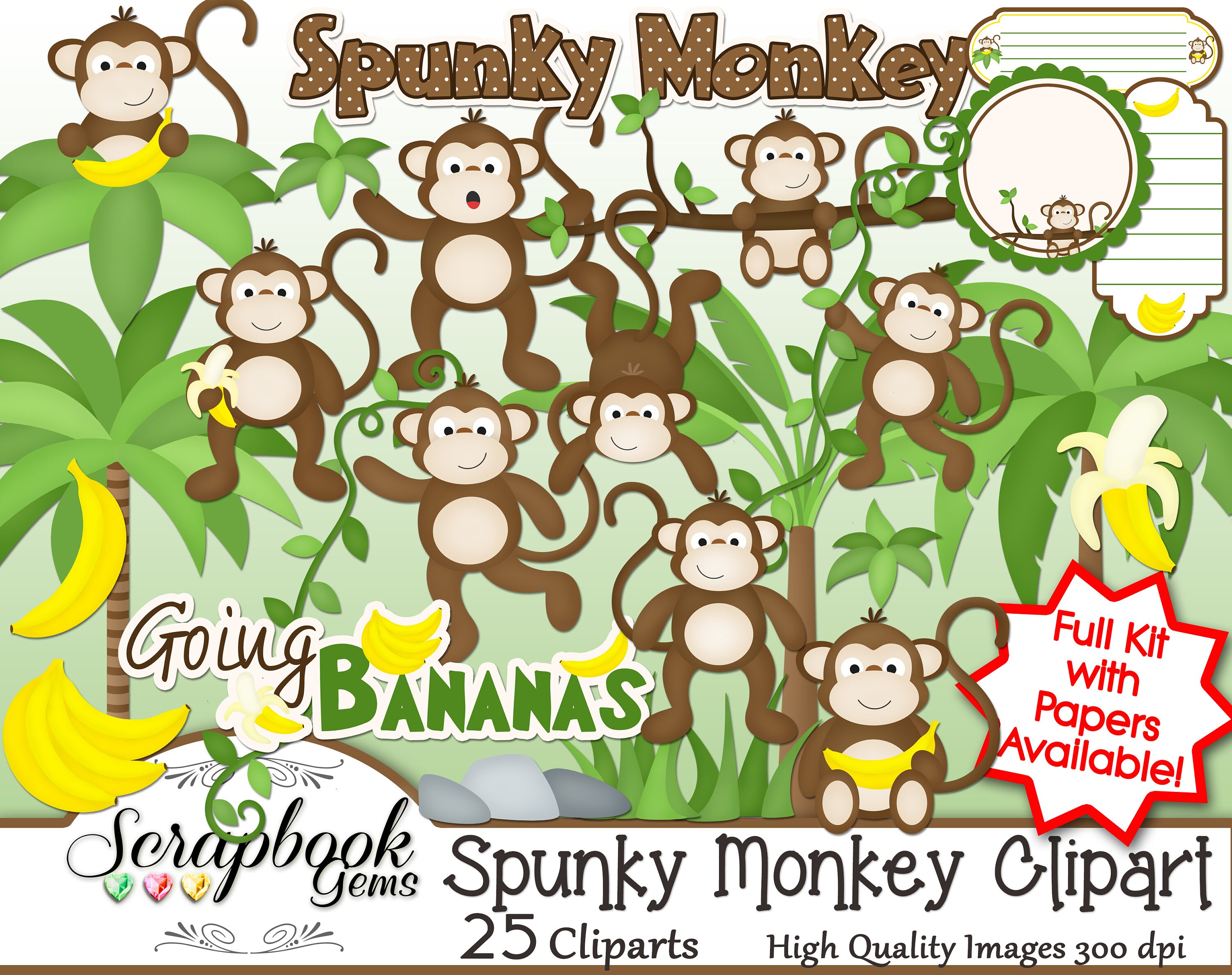 SPUNKY MONKEY Clipart and Papers Kit 25 Png Clip Arts 20 - Etsy