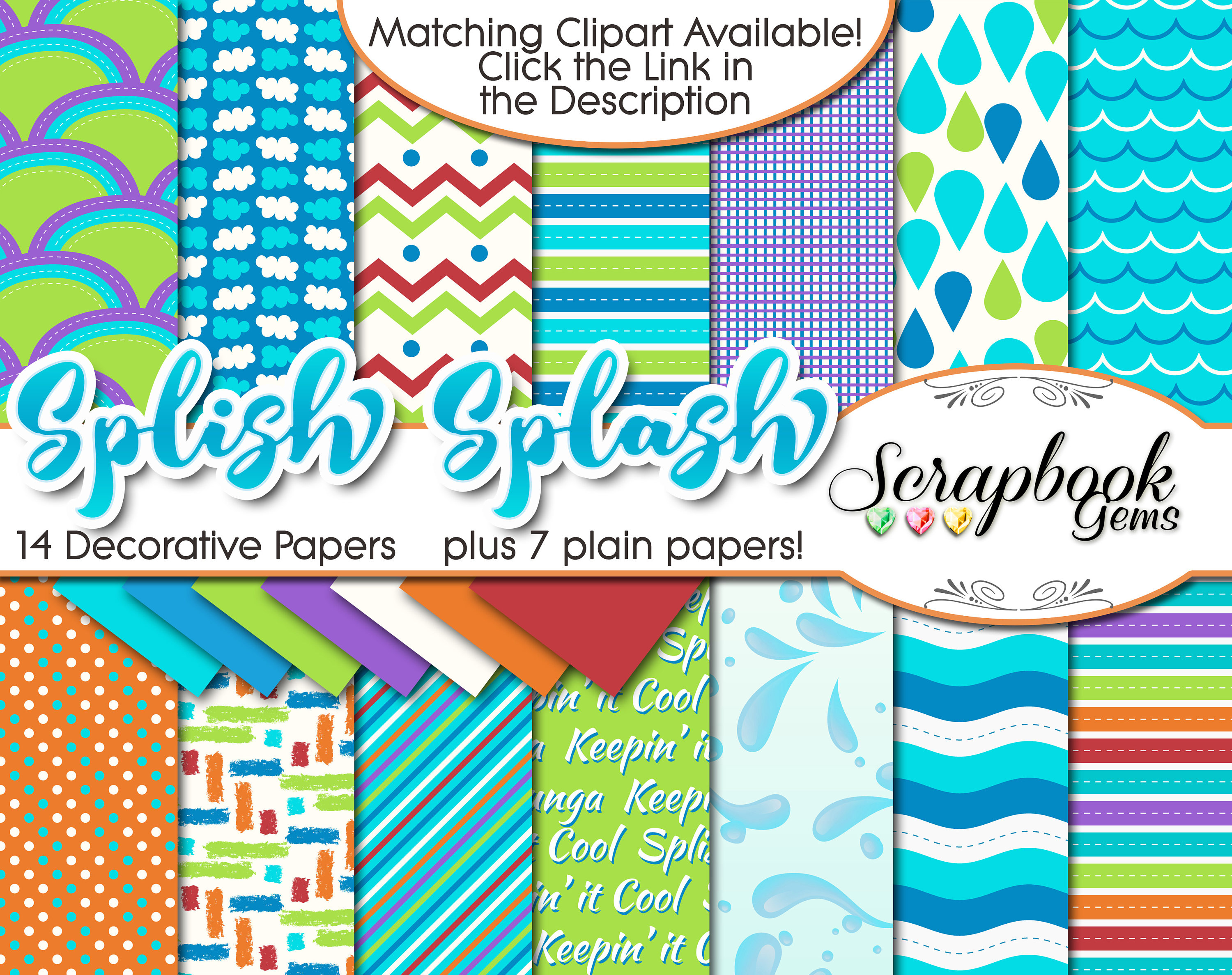 SPLISH SPLASH Clipart and Papers Kit, 33 Png Clip Arts, 21 Jpeg Papers ...