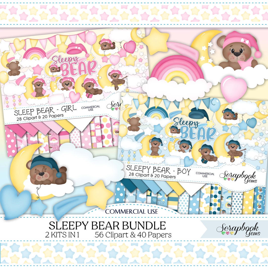 SLEEPY BEAR BUNDLE - 2 Kits in 1, 56 Clipart & 40 Papers, Instant ...