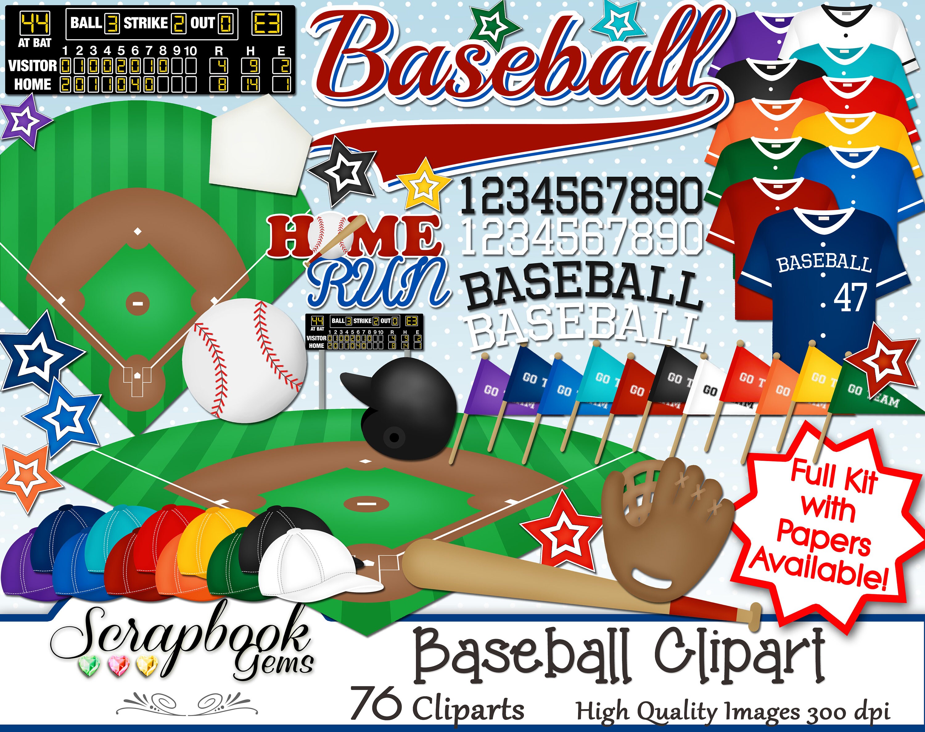 BASEBALL Clipart and Papers Kit 76 Png Clip Arts 25 Jpeg | Etsy
