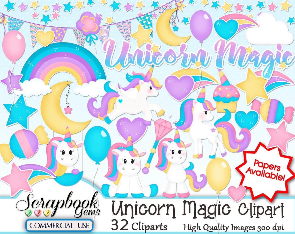 UNICORN MAGIC Clipart & Papers Kit 32 Png Clipart Files 19 | Etsy