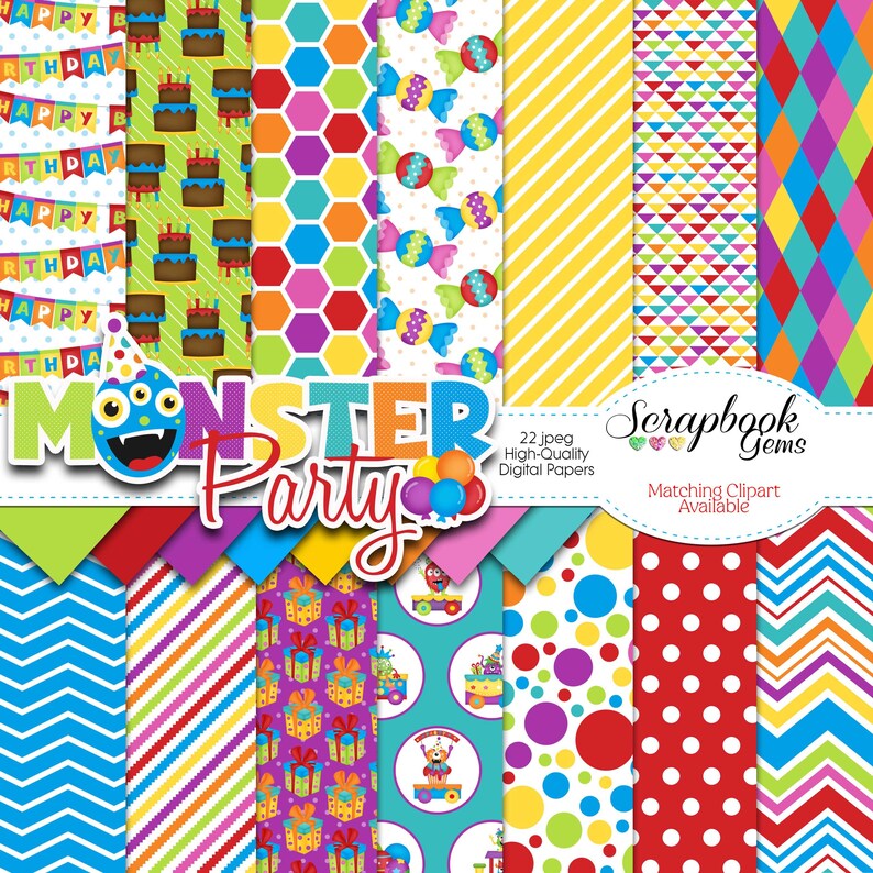 MONSTER PARTY Kit #2 Clipart and Papers Kit, 27 Png Clip Arts, 22 Jpeg ...