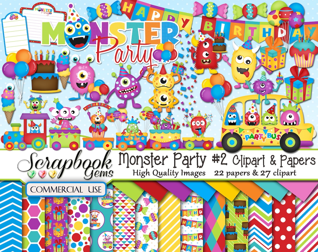 MONSTER PARTY Kit 2 Clipart and Papers Kit, 27 Png Clip Arts, 22 Jpeg ...