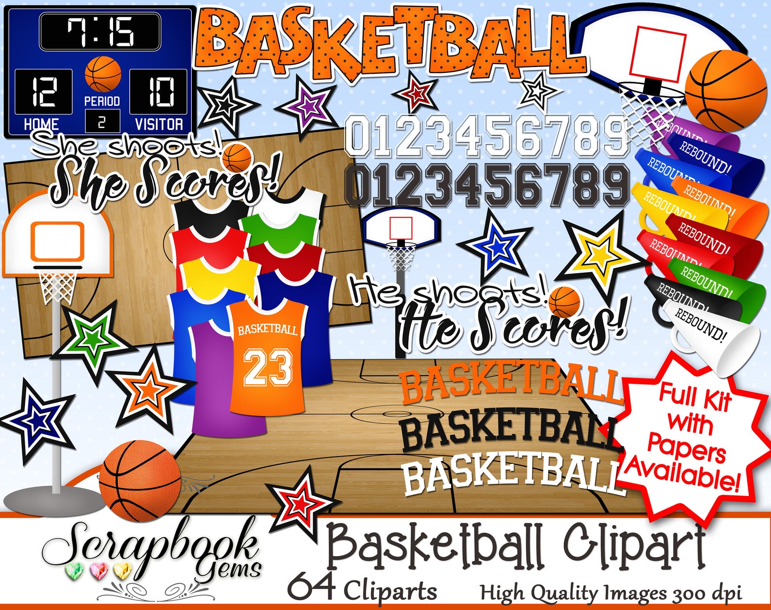 BASKETBALL Clipart and Papers Kit 64 Png Clip Arts 24 Jpeg - Etsy