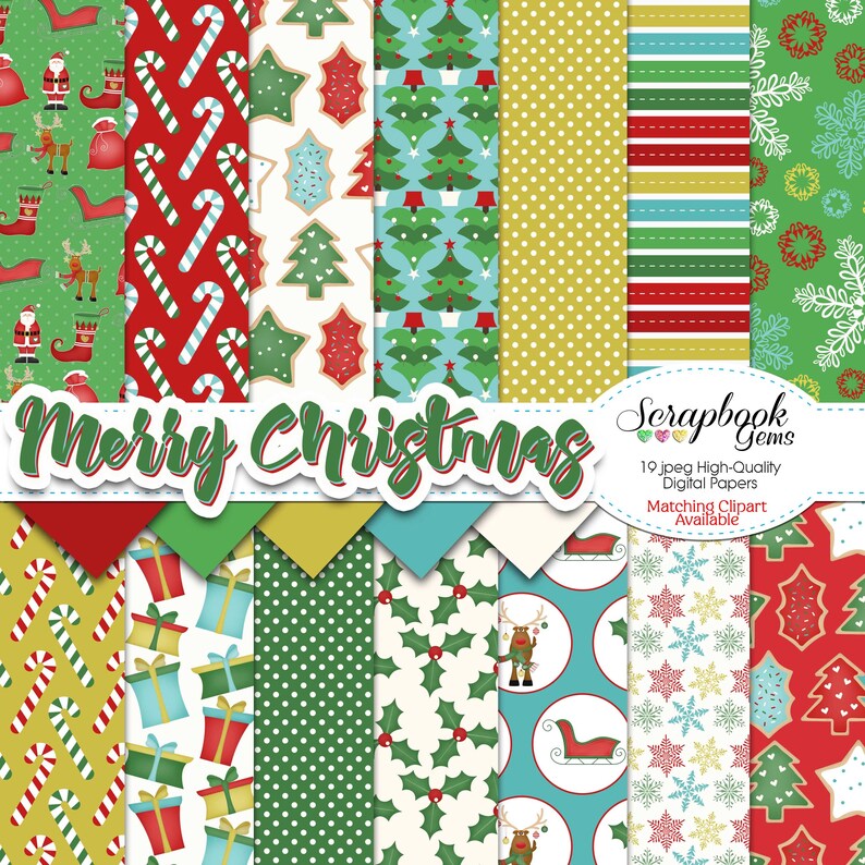 MERRY CHRISTMAS SET #1 Digital Papers, 19 Pieces, 12" X 12", High ...
