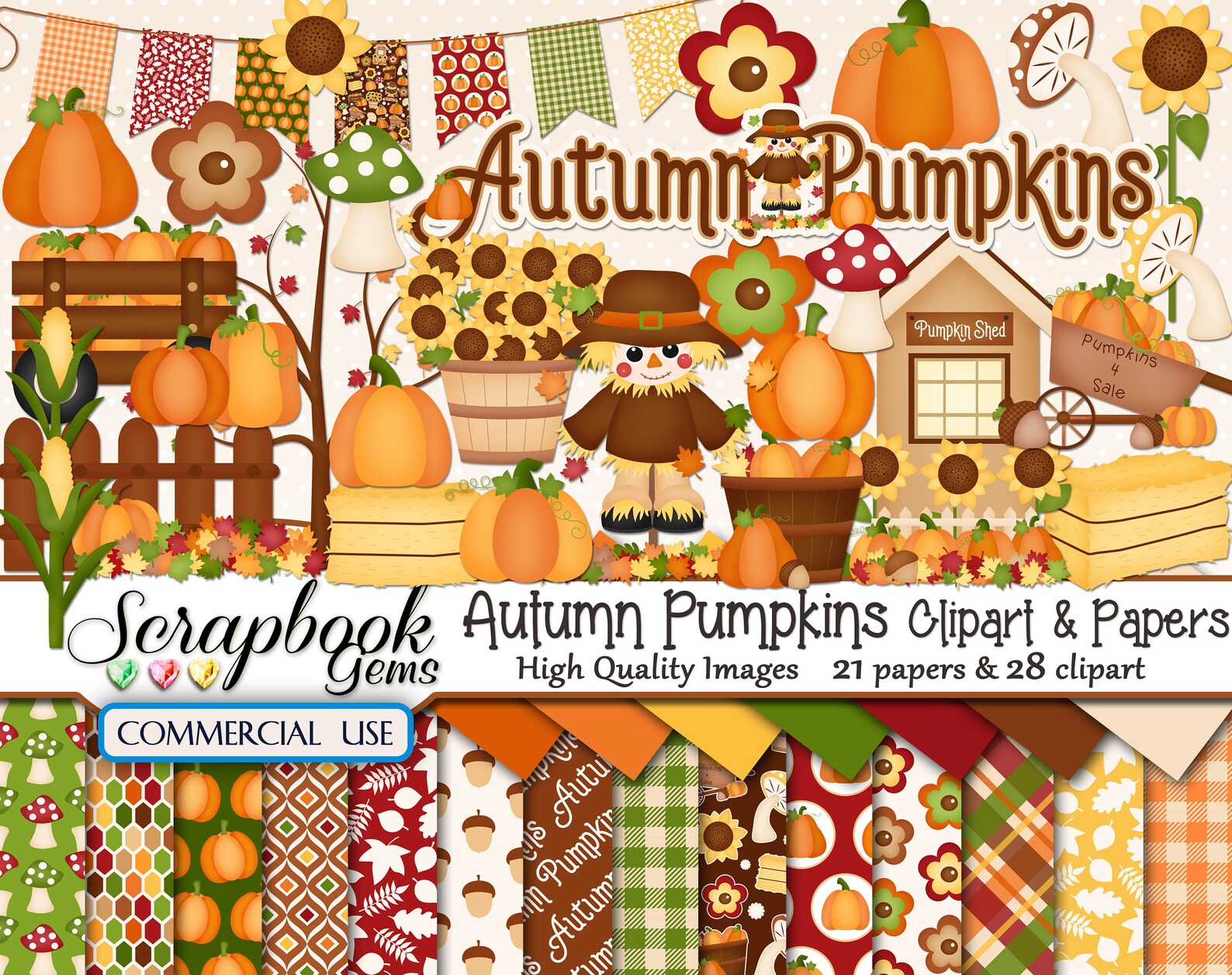 AUTUMN PUMPKINS Clipart & Papers Kit 28 Png Clipart Files 21 - Etsy