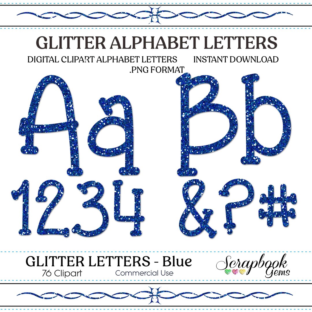 Blue Glitter Letters & Numbers Digital Clipart, 76 High Quality PNG ...