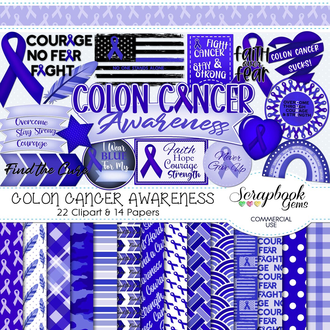 COLON CANCER Awareness Clipart & Papers Kit, 22 Png Clipart Files, 14 ...