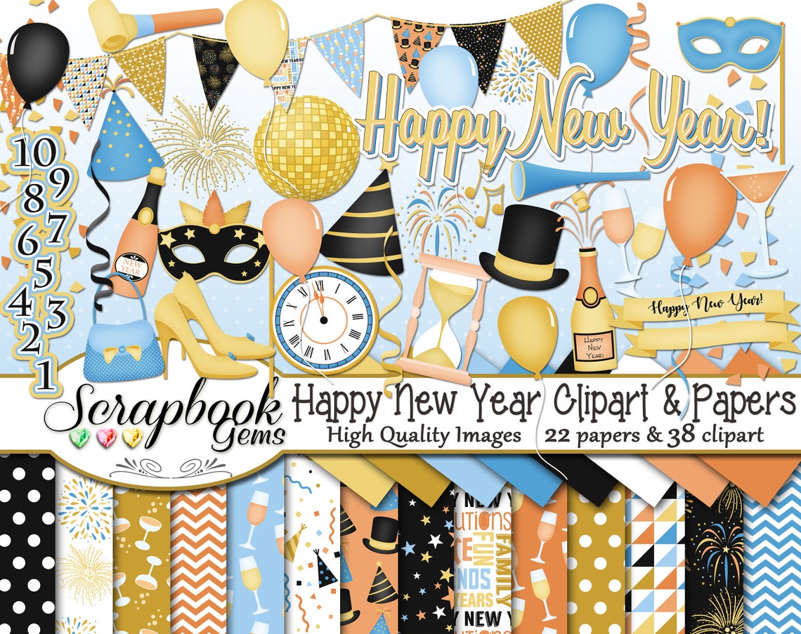 HAPPY NEW YEAR Clipart and Papers Kit 38 Png Clip Arts 22 - Etsy