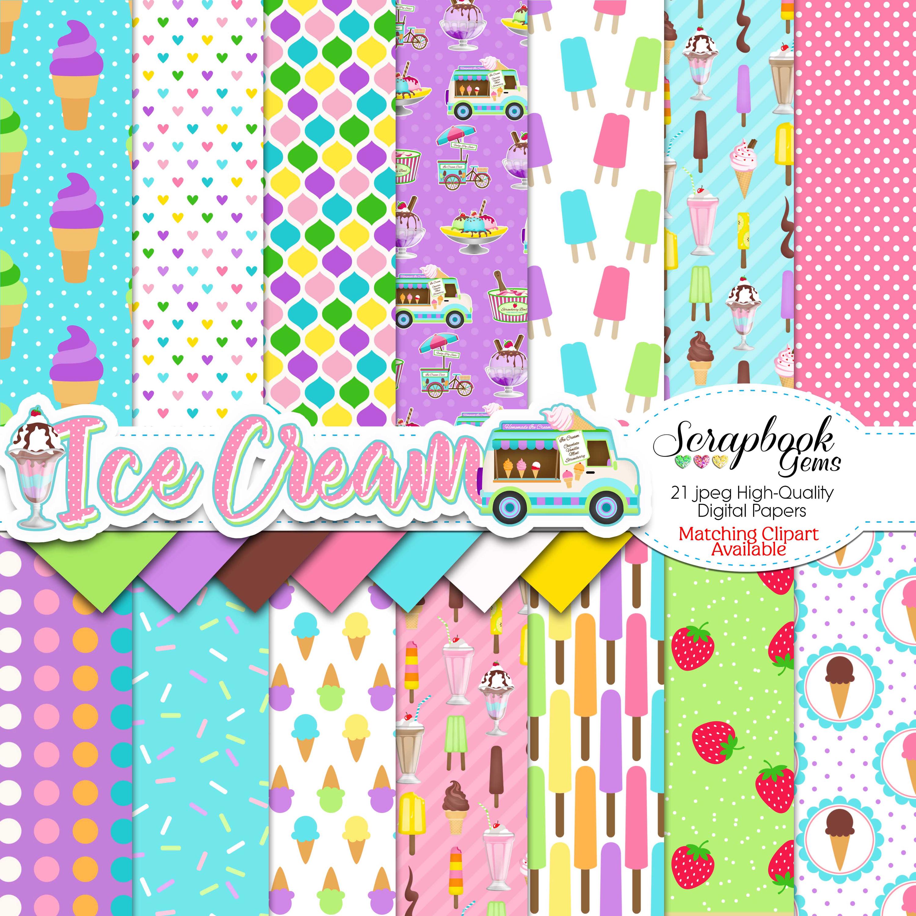 ICE CREAM #2 Clipart & Papers Kit, 26 Png Clip Arts, 21 Jpeg Papers ...