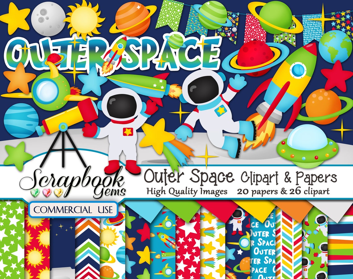 OUTER SPACE BUNDLE - 2 Kits in 1, 52 Cliparts & 40 Papers, Instant ...