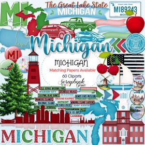 MICHIGAN Clipart and Papers Kit, 60 Png Clip Arts, 20 Jpeg Papers ...