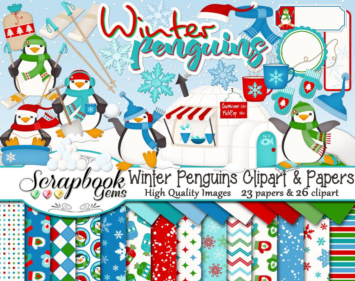 WINTER FUN BUNDLE - 3 Kits in 1, 98 Cliparts & 70 Papers, Instant ...