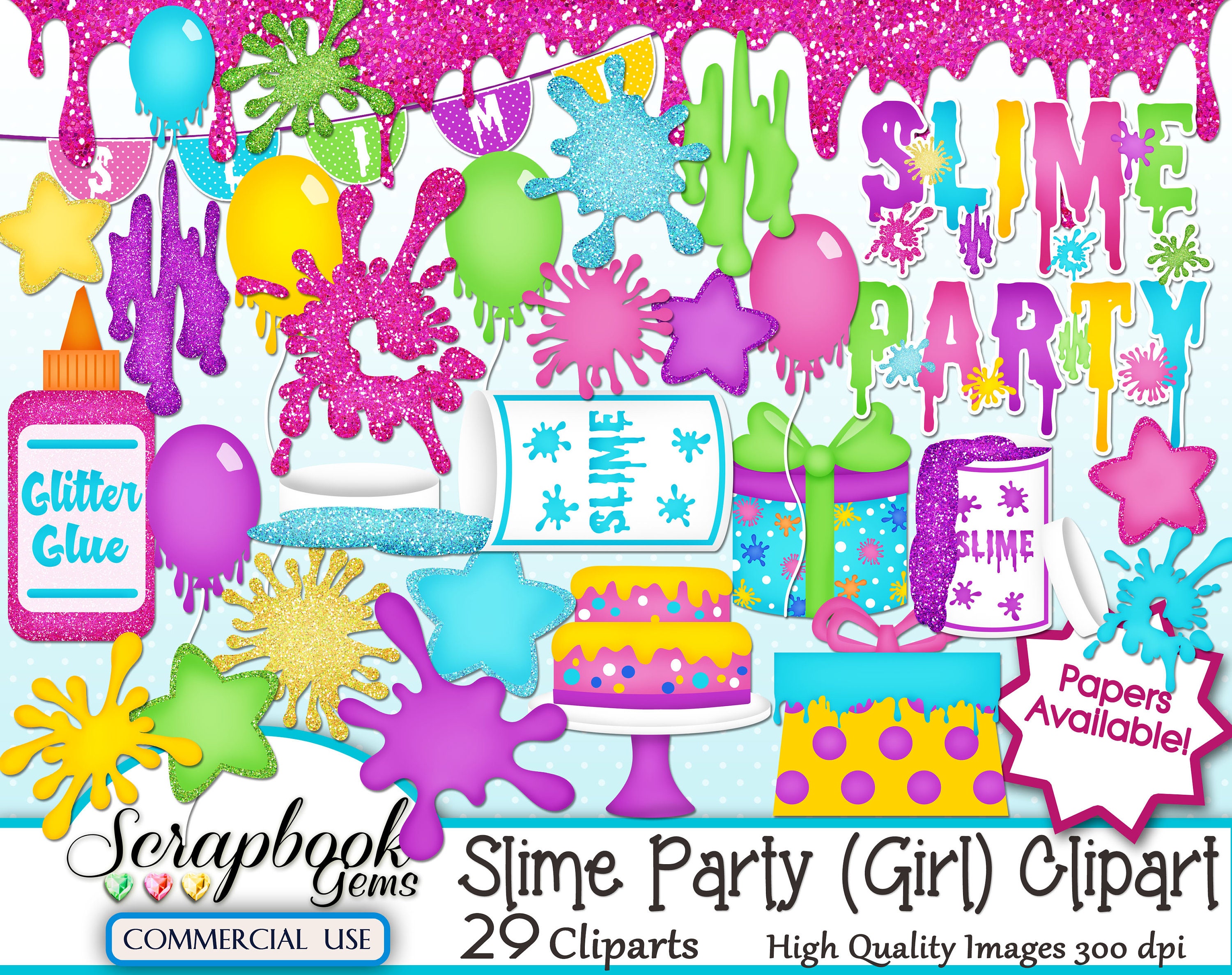 SLIME PARTY girl Clipart & Papers Kit 29 Png Clipart Files - Etsy