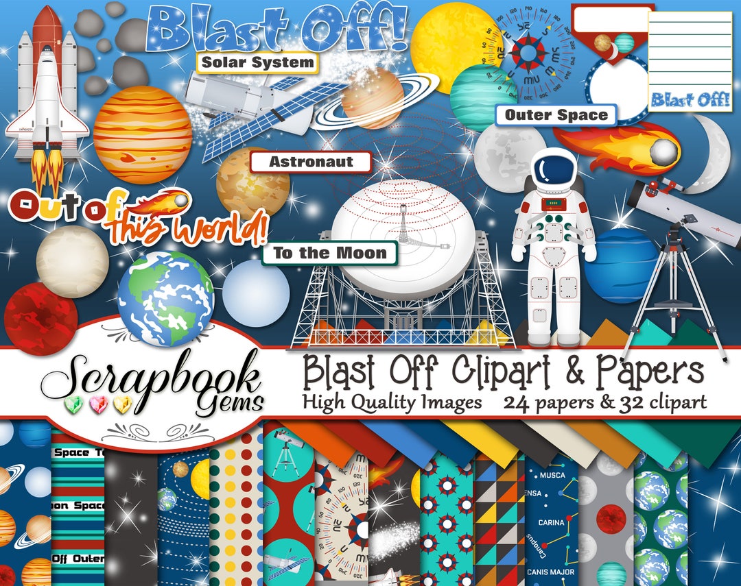 BLAST OFF Clipart and Papers Kit, 32 Png Clip Arts, 24 Jpeg Papers ...