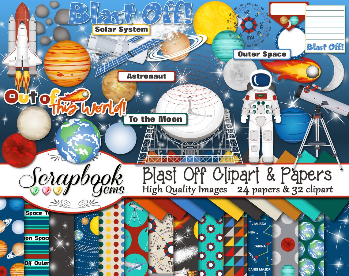 BLAST OFF Clipart and Papers Kit, 32 Png Clip Arts, 24 Jpeg Papers ...
