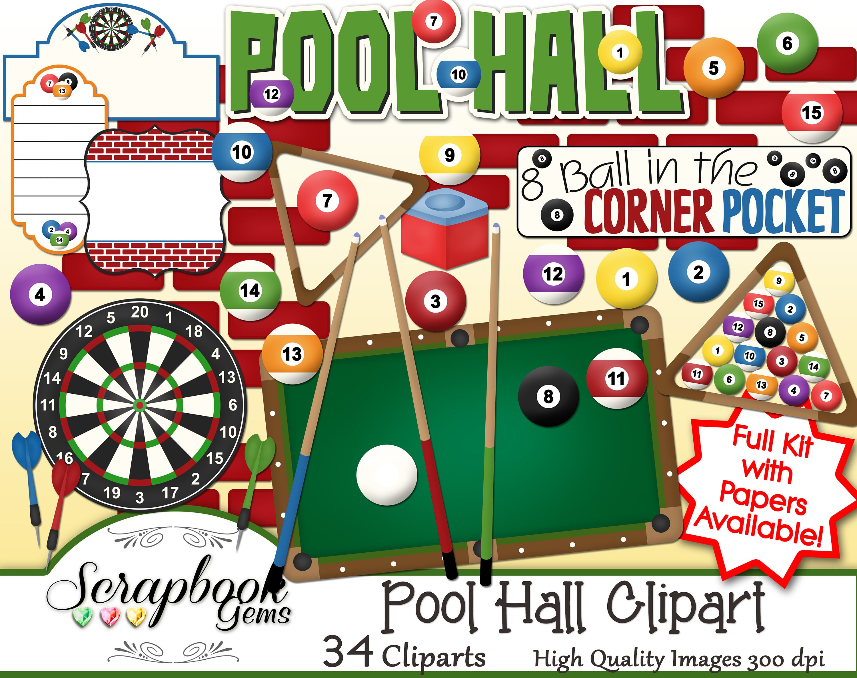 POOL HALL Clipart 34 png Clipart files Instant Download | Etsy