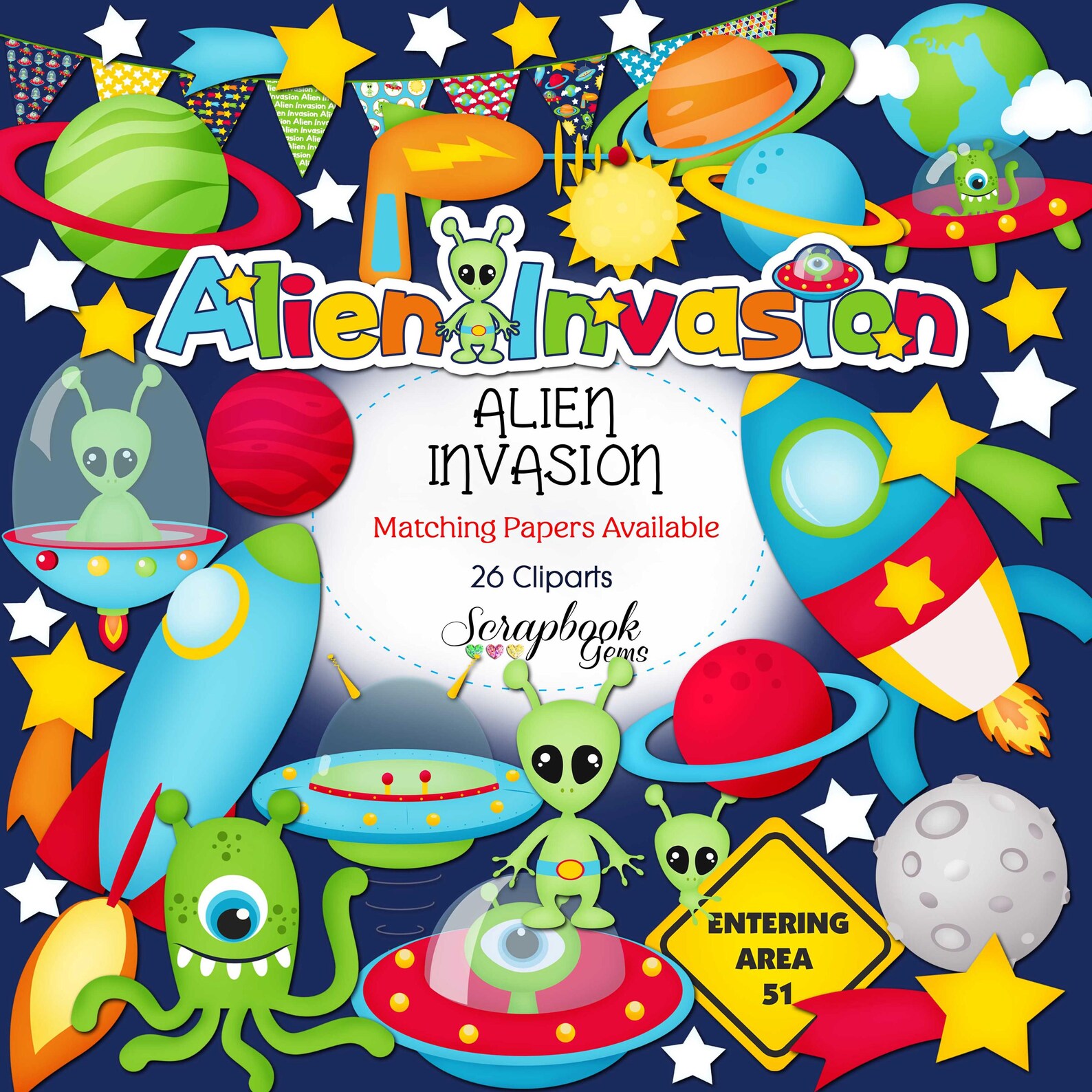 ALIEN INVASION Clipart, 26 Png Clipart Files, Instant Download, Planets ...